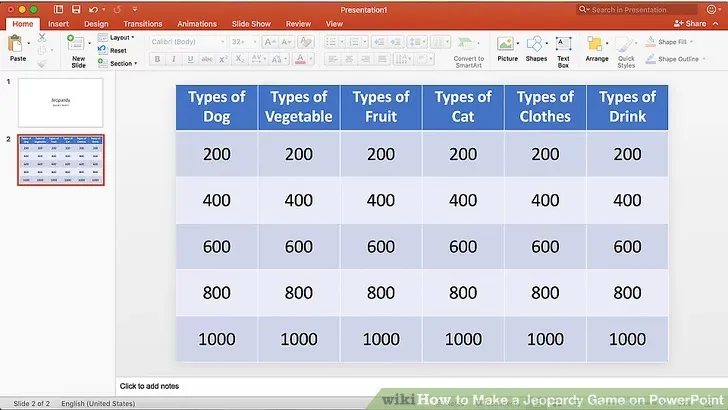 PowerPoint template for a Jeopardy game with categories including Types of Dog, Types of ...