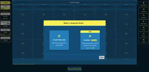 Factile interface for creating a Jeopardy game with options to create manually or use AutoGen ...
