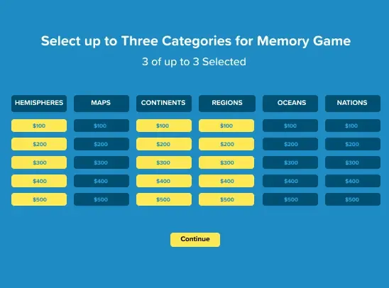 A factile memory game mode screen where users need to select upto 3 ...