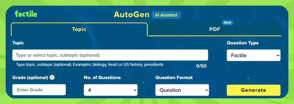 AutoGen by Factile webpage for creating questions from topics. Includes fields for topic input ...
