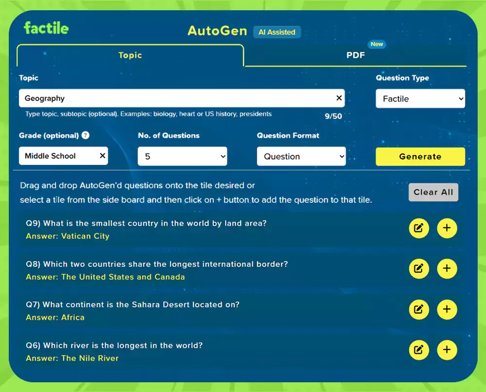 AutoGen by Factile page for topic-based question creation. Includes inputs for geography topic ...