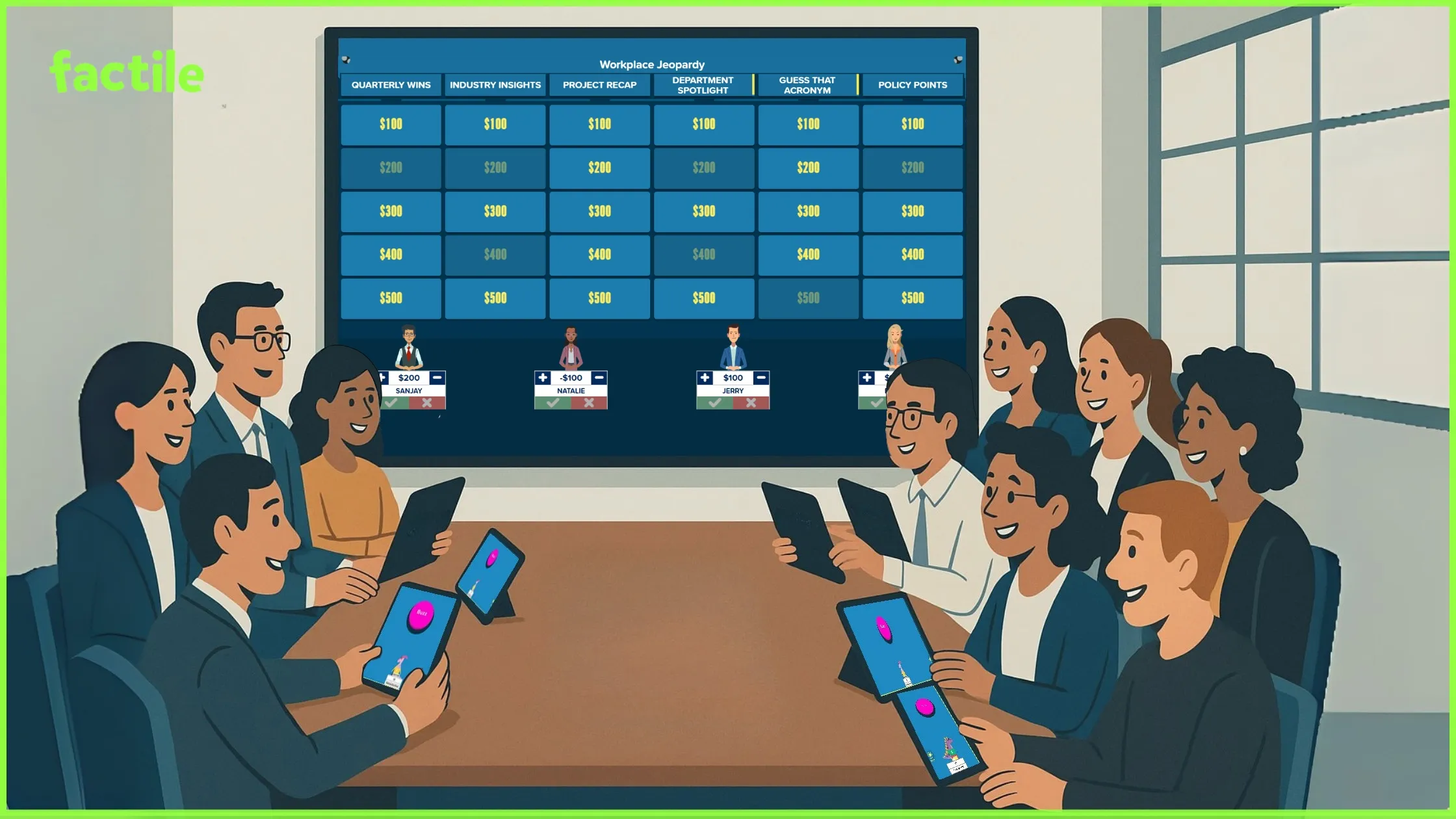 Illustration of employees playing a Workplace Jeopardy game using ...