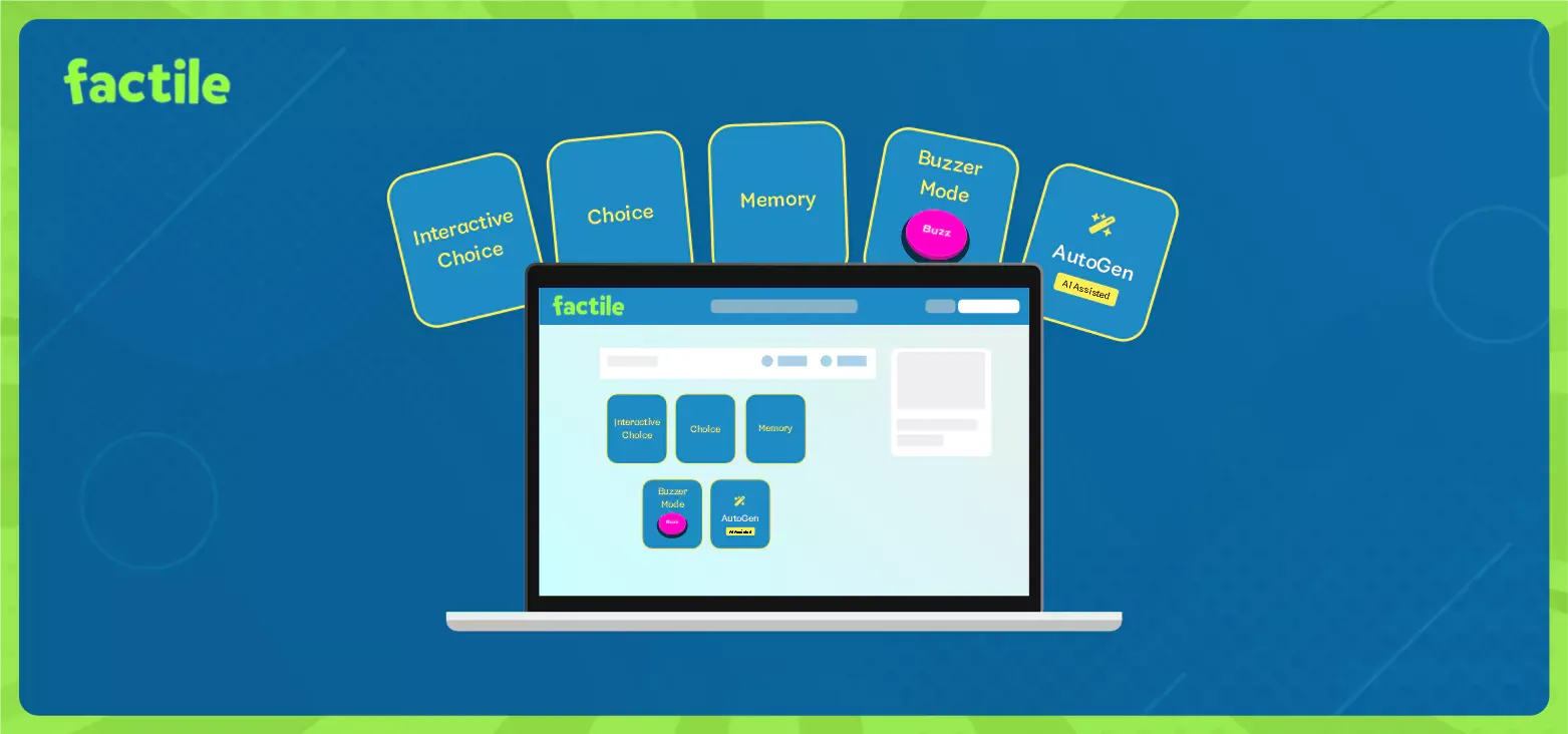 Laptop screen showing Factile game modes: Interactive Choice, Choice, Memory, Buzzer Mode, and ...