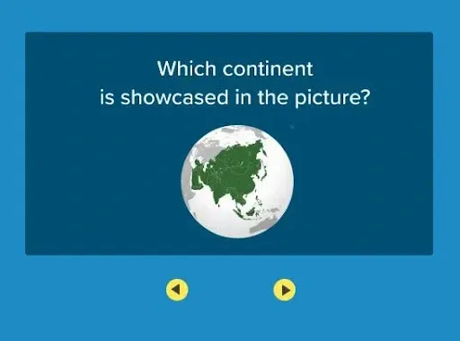 Flash card question about identifying the Asian continent on a world map.