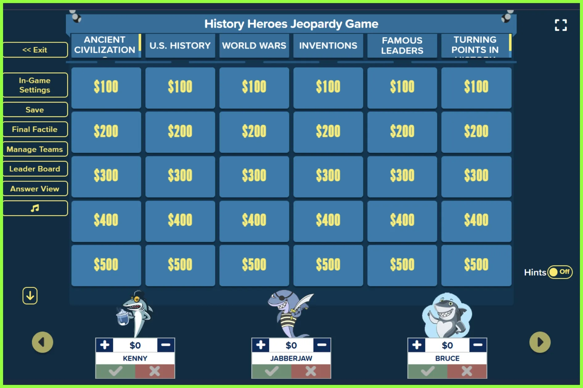 Factile History Heroes Jeopardy game board with categories like Ancient ...