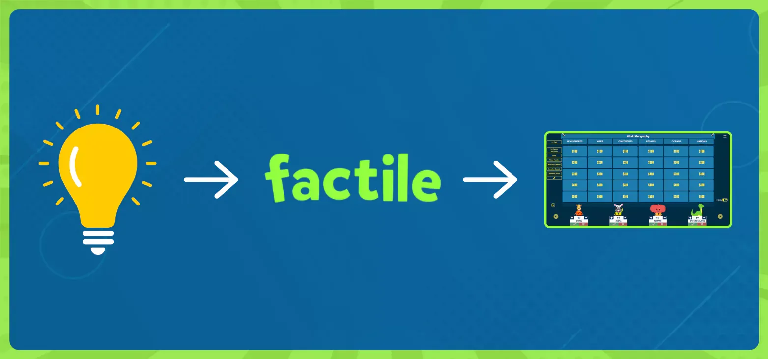 Light bulb to Factile logo to Jeopardy game board, showing idea turning ...