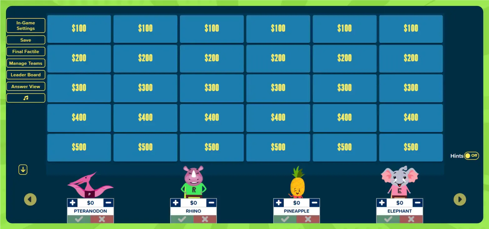 Jeopardy-style game board with cartoon team icons and dollar amounts, ready for players to ...