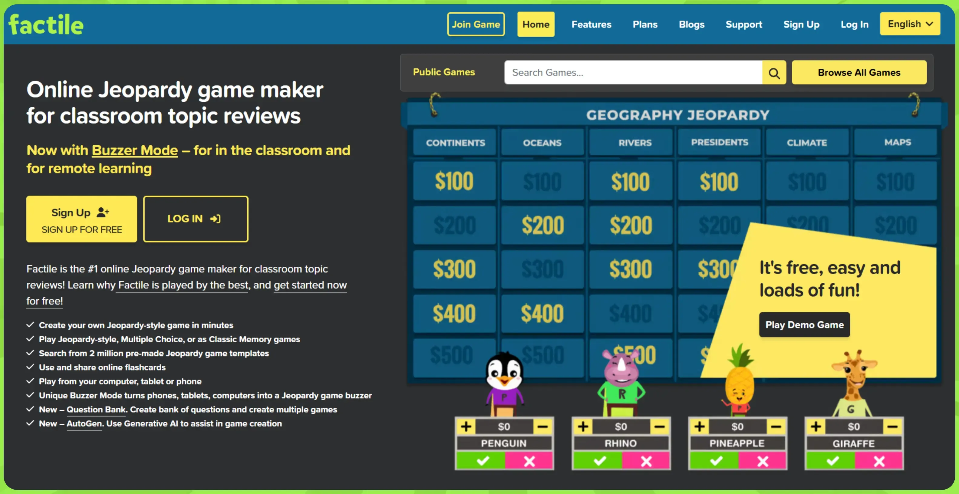 Factile online Jeopardy game maker interface showcasing a demo game ...