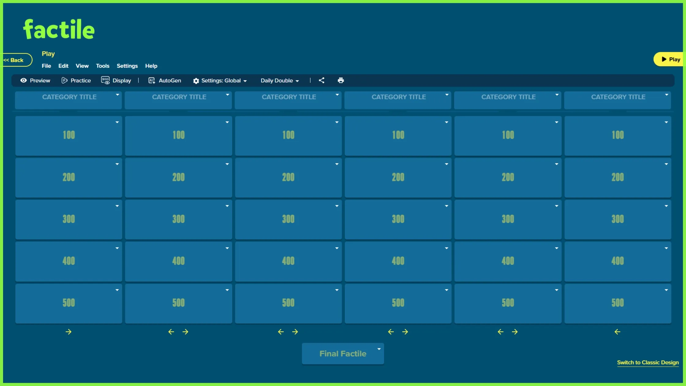A screenshot of the game-building interface for Factile, an online ...